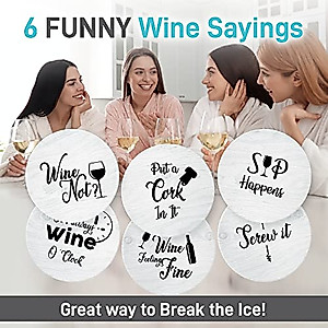 Coasters for Drinks Absorbents with Holder - 6 Pcs Gift Set with 6 Funny Sayings for Wine Lovers - Ceramic Stone with Corked Back, Unique Present for Housewarming, Living Room Decor