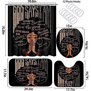 4PCS Praying Black Girl Bathroom Sets with Shower Curtain and Rugs Toilet Lid Cover and Bath Mat, Inspirational Quotes Afrcian Shower Curtain Set with Hooks, Waterproof Bathroom Decor Shower Curtains