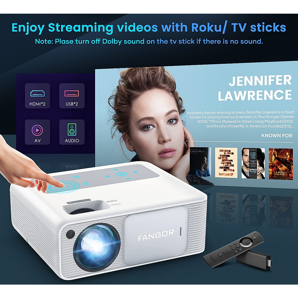 FANGOR 4K Supported Projector with 5G WiFi and Bluetooth - HD 900 ANSI 1080P Native Projector for Outdoor Movies, Home Video Projector with 4P Keystone 50% Zoom Supports TV Stick/Roku/Laptop/Phone