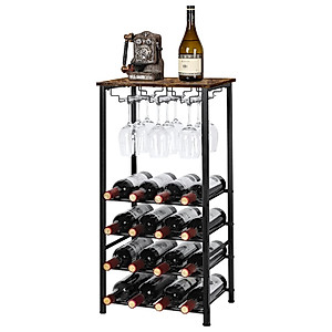 Wine Rack Table, FreeStanding Wine Bar Rack, Wine Bar Cabinet with GlassBottle Holder, Metal and Wood Industrial Wine Cabinet for Home, Floor Liquor Wine Cabinet Storage, for Bar Kitchen Dining, Brown