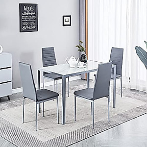 ROZHOME Gray Dining Table Set for 4, 5 Piece Kitchen Table and Chairs for Up to 110 Combinations, Compact Space-Saving w/Tempered Glass Tabletop and 4 Upholstered Chairs