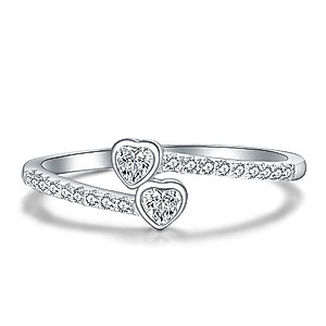 JIARUI 925 Sterling Silver Double Heart Eternity Ring Bezel Setting Round Cubic Zirconia Wedding Ring Promise Ring for Her Size 8