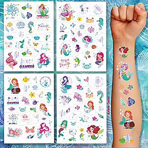 Mermaid Glitter Temporary Tattoos for Kids, 4 Sheets Bronzing Fake Tattoos for Girls, Cute Under Sea Animal Body Arm Shoulder Tattoos Stickers Waterproof Tattoos, Party Favors Supplies Decor Gifts
