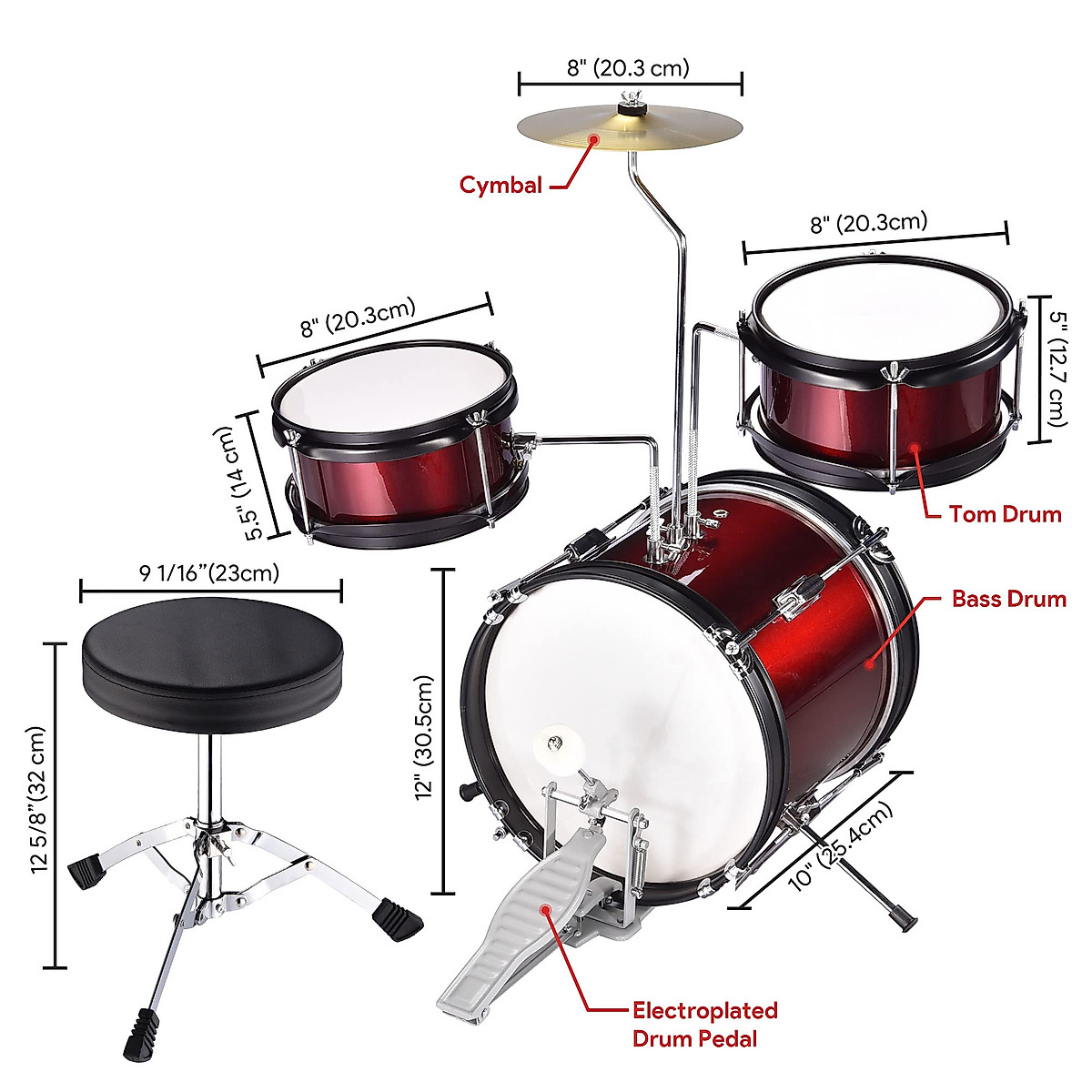 3-Piece Drum Set Kit Junior Size with Throne Cymbal Bass Sticks Pedal US Delivery (Red 1)