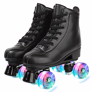 XUDREZ Roller Skates, Double Row Skates Adjustable Leather High-top Roller Skates Perfect Indoor Outdoor Adult Roller Skates with Bag (Flash Wheel,Women's 10 / Men's 8.5)