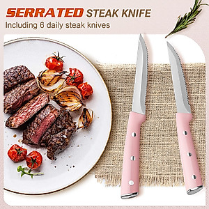 Pink Knife Set,15 Pieces Professional Kitchen Knife Set with Universal Knife Block, Super Sharp Knife Set with Ergonomic Handle Non-stick Stainless Steel Knife Block Set (Pink-15 Pieces)