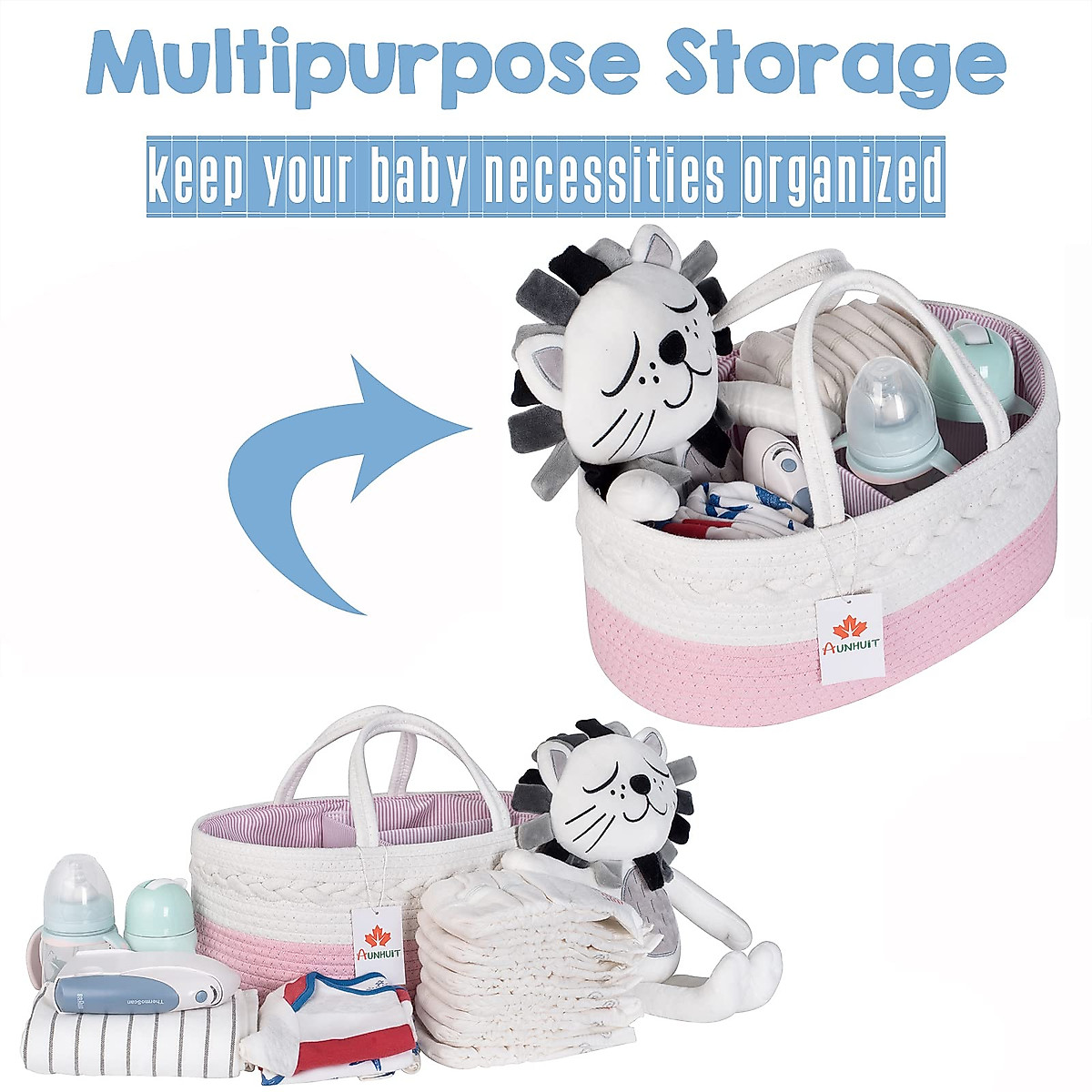 Large Baby Diaper Caddy Organizer Woven Cotton Rope Basket Rainbow Nursery Storage Bin Portable for Changing Table/Car Travel Bag Tote Newborn Registry Must Have Baby Shower Basket for Boy Girl