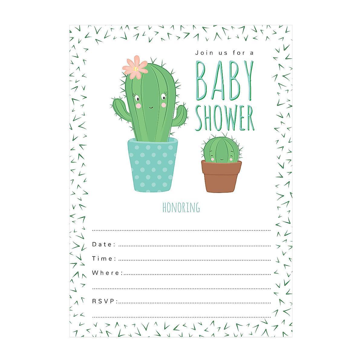 Cactus Gender Neutral 5x7 Baby Shower Invitations - 24 invites and 24 White envelopes