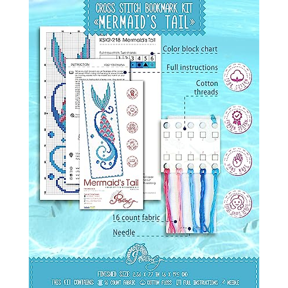 Povitrulya Mermaid's Tail - Counted Cross Stitch Bookmark Kit - DIY Embroidery Set for Adults with Paper Pattern, 16-Count Aida Canvas and Presorted Floss