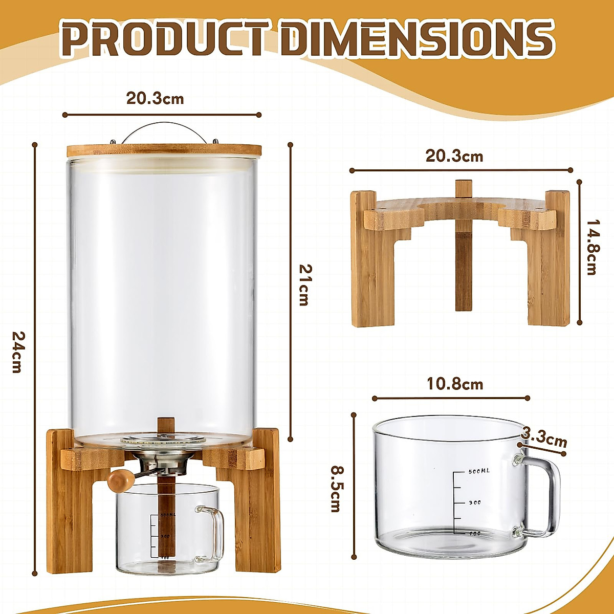 Tioncy 8L Flour and Cereal Glass Container Rice Oatmeal Dispenser Storage Container Cereal Food Storge Container with Airtight Lid Wooden Stand and Measuring Cup for Kitchen Organization Pantry Store