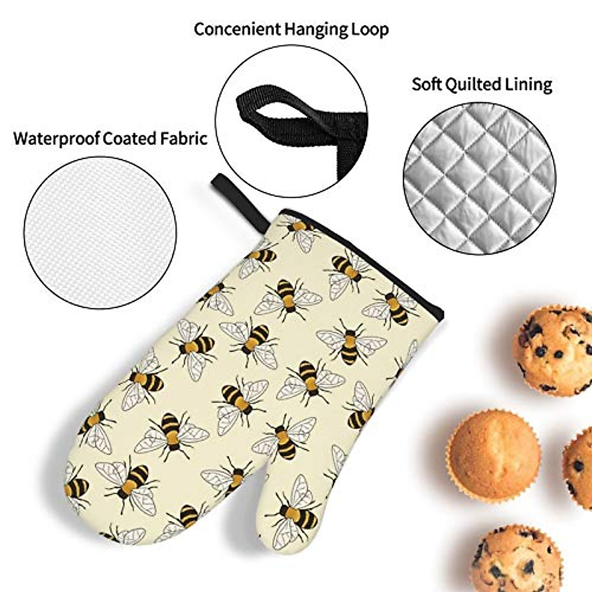 Happy Busy Bees Oven Mitts and Pot Holders 4pcs Set, Kitchen Oven Glove High Heat Resistant Extra Long Oven Mitts and Potholder