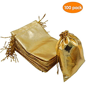 HRX Package Gold Gift Bags Drawstring 100pcs, 5 x 7 inches Jewelry Pouches Party Favor Goody Bags for Wedding Birthday Christmas Candy Bar