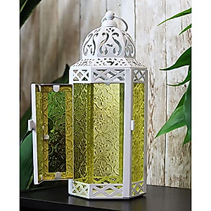 Vela Lanterns White Moroccan Lamp Lantern Decorative Candle Holder for Indoor Outdoor Weddings, Home Decor, Patio, Weddings, Yellow Glass, Medium