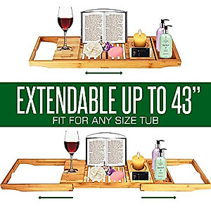 Adjustable Bamboo Bathtub Caddy Tray - Natural Wood Luxury Bath Tub Organizer w/ Wine Holder, Soap Dish, Cup Slot, Book Tablet Holder, and Phone Slot for Spa, Bathroom, Shower - SereneLife