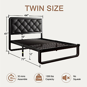 Einhomn Metal Twin Bed Frame with Button Tufted Upholstered Headboard, Curved Platform Bed Frame with 12 Inch Under Bed Space, Strong Heavy Duty Slats, No Box Spring Needed, Noise-Free, Black
