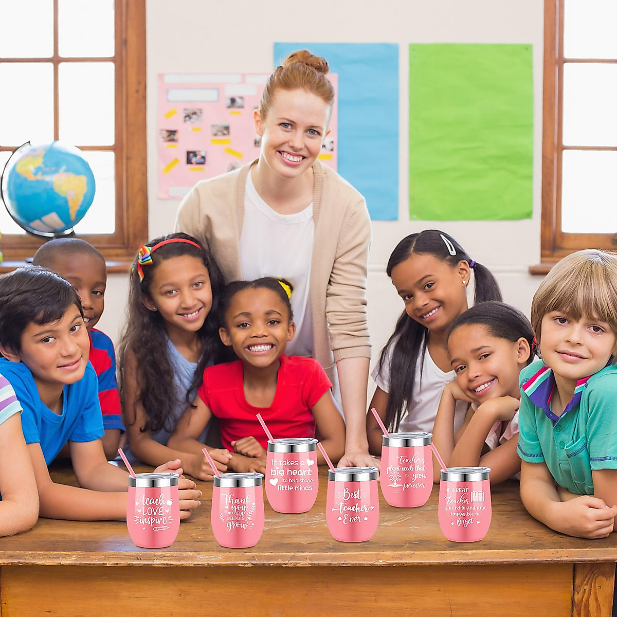 6 Pcs Christmas Teacher Appreciation Gifts Thank You Teacher Gifts for Women Stainless Steel Teacher Tumbler with Straw and Lid 12 oz Insulated Teacher Mug Birthday Gifts for Teacher(Pink)