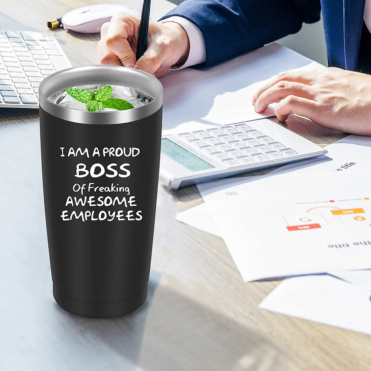 Cosictic I Am A Proud Boss Of Freaking Awesome Employees Travel Tumbler, Funny Birthday Bosses Day Gift for Men Boss Manager Director Leader, 20 Oz Insulated Stainless Steel Tumbler with Lid, Black
