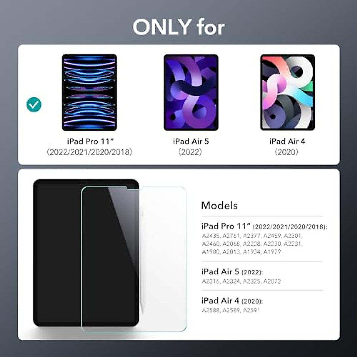 ESR 2 Pack Screen Protector for iPad Air 5th/4th Generation(2022/2020), iPad Pro 11 Inch (2022/2021/2020/2018) Screen Protector, Tempered Glass Film with Easy Application Tray, Anti-Scratch, HD