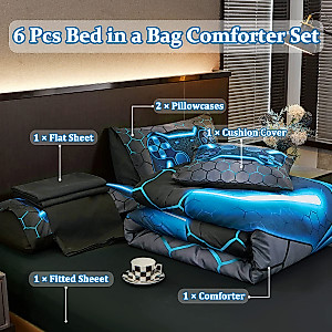 Tasselily Game Console Blue Comforter Set with Sheets, 6 Pcs Bed in A Bag Geometric Lightweight Boys Full Size Bedding Set for Kids Teens