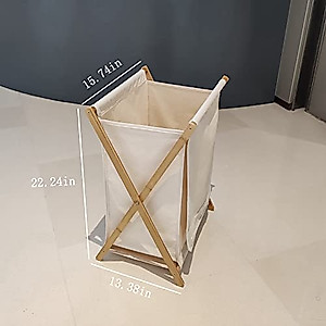 Bamboo Wood X-frame Laundry Hamper with Lid Collapsible Dirty Clothes Laundry Basket Foldable Storage for Household (Beige with Lid, Medium)
