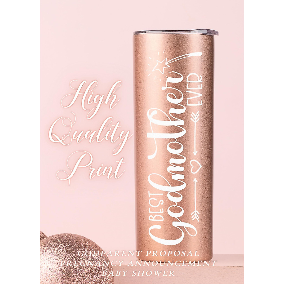 Onebttl Godmother Gifts, Mothers Day Gifts for Godmother, 20 oz Skinny Stainless Steel Tumbler Travel Mug for Best Friend, Aunt, Sister, Best Godmother Ever Rose Gold