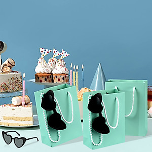 18 Pieces Teal Blue Party Favor Gift Bags Set 6 Pieces Teal Blue Merchandise Paper Gift Bags with Handles 6 Pieces Pearl Necklace 6 Pieces Retro Heart Sunglasses for Teal Blue Party Turquoise Party Favors