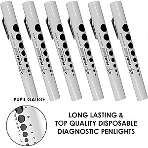 Primacare DL-9223 Pack of 6 Disposable Diagnostic Penlight with Imprinted Pupil Gauge, Lightweight and Moulded Plastic Body Medical Pen Light for Nurse, Student, Doctors EMT, White