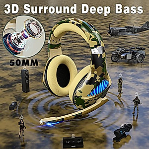 Tatybo Gaming Headset for PS5 PS4 Xbox ONE Switch PC with Noise Cancelling Over-Ear Stereo Bass Surround Sound Gaming Headphone -Camo