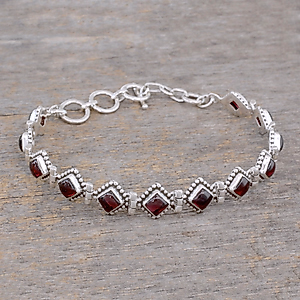 NOVICA Artisan Handmade Garnet Tennis Bracelet Red Artisan Crafted India Silver Sterling Style Birthstone [7.75 in min L x 8.5 in max L x 0.4 in W] ' Deep Red Diamonds'