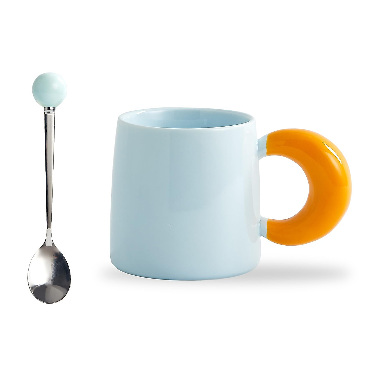 Cute Ceramic Coffee Cups with Spoon, Creative Moon Handle Ceramic Mugs, Novelty Coffee Mugs Cups for Latte Tea Milk,Office and Home,Dishwasher and Microwave Safe (Blue and Orange)