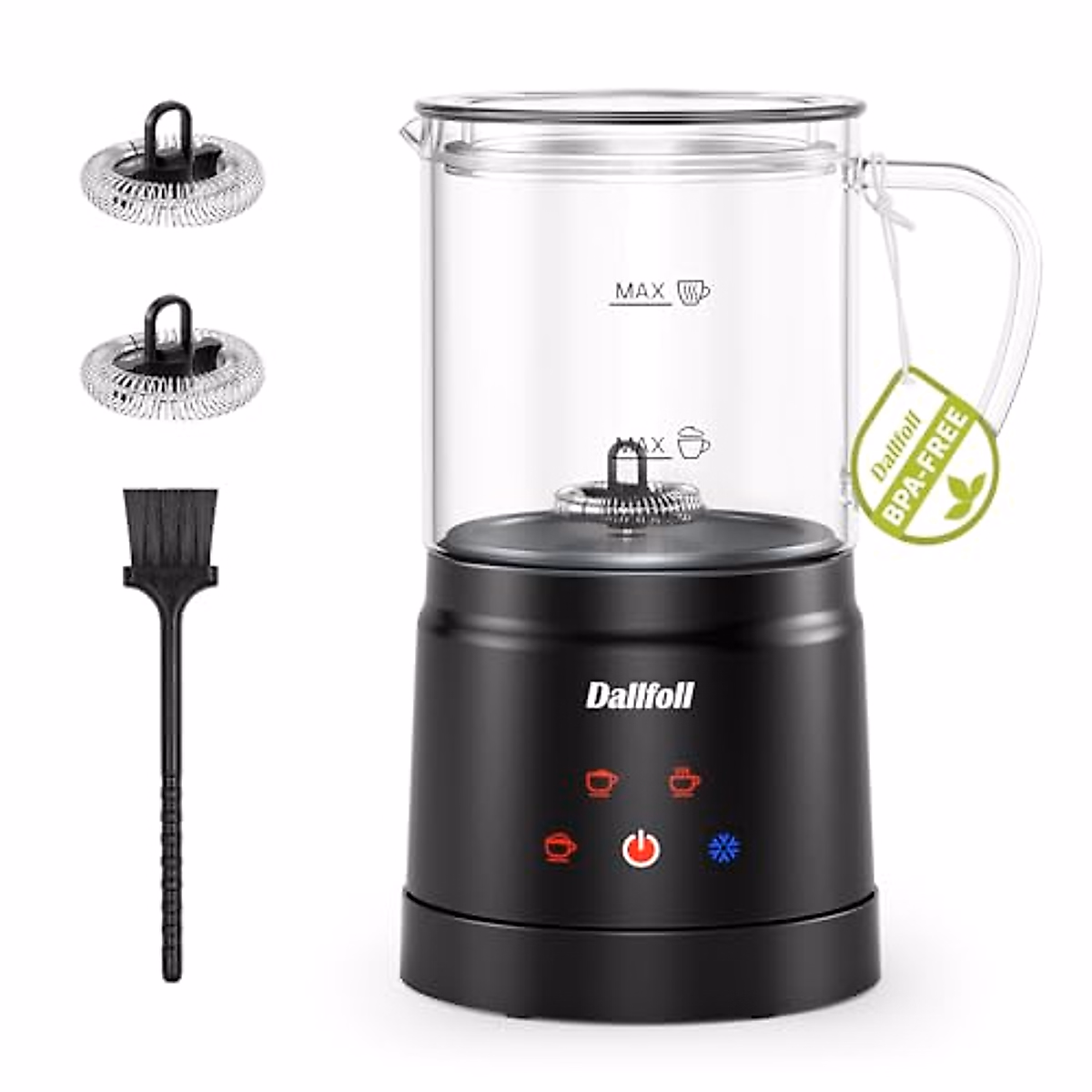 Dallfoll Milk Frother, 4-in-1 Milk Frother and Steamer Electric, Visualized Glass Design, 13.5oz/400ml Hot and Cold Milk Foam Maker for Coffee, Latte, Cappuccino Silent Operation, Automatic off