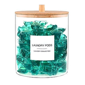 TIPGO Glass Jars for Laundry Room Organization, Laundry Pods Container with 27 Labels, Detergent Holder with Bamboo Lid, Cute Storage Jars (Set of 1)