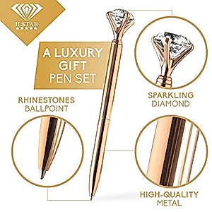 ILSTAR 3 PCS Big Diamond Pens Rose Gold – 3 Black Ink Refills, Cute Bag for Women Girls Coworker Bride, Cool Pretty Ballpoint Pen with Crystal on Top for Writing Fancy Bling Office School Supplies Set