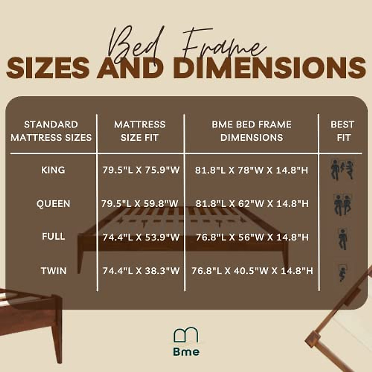 Bme Dinkee 15 Inch Signature Bed Frame Without Headboard - Modern & Minimalist Style with Acacia Wood - 12 Strong Wood Slat Support - Easy Assembly - No Box Spring Needed - Dark Chocolate, Twin