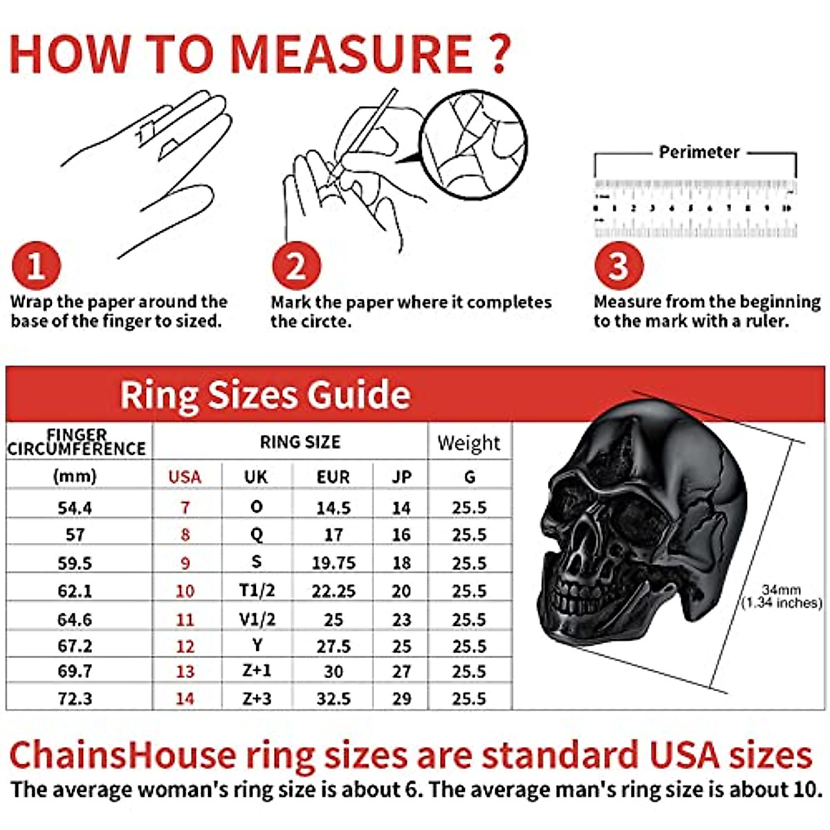 Skull Rings for Women Stainless Steel Jewerly Skeleton Black Head Rings (Size 12)