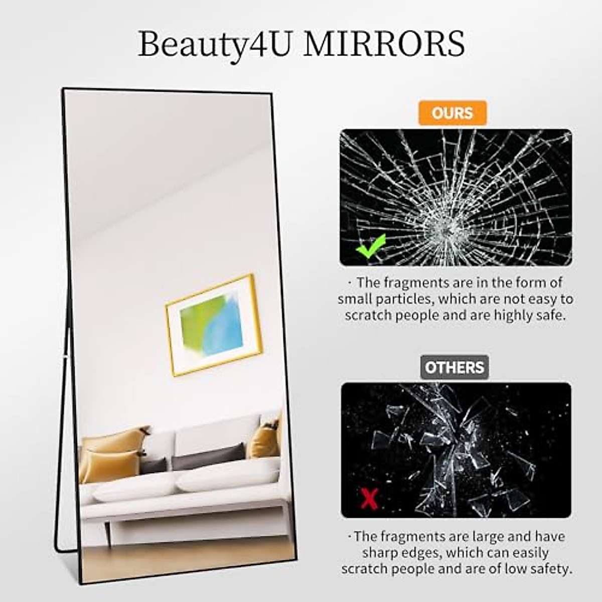 Beauty4U 71" x 32" Large Full Length Mirror with Stand, Black Wall Mounting Full Body Mirror, Metal Frame Full-Length Tempered Mirror for Living Room, Bedroom