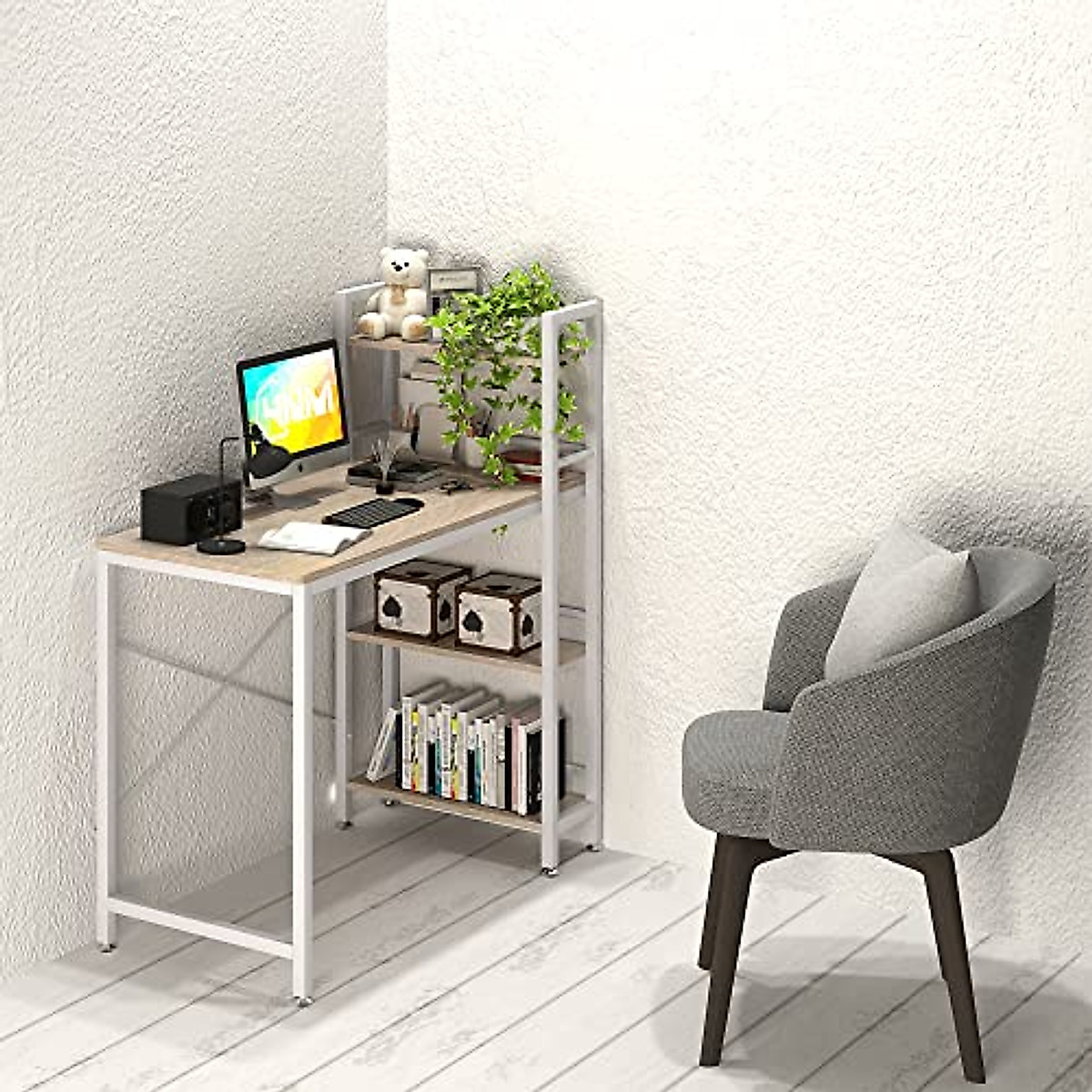 4NM 35" Small Computer Desk with 4-Tier Bookshelf, Home Office Desk Writing Workstation Study Table Multipurpose for Small Space Work - Natural and White