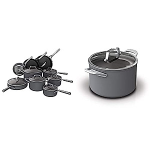 Ninja C39900 Foodi 16-Piece Cookware Set NeverStick Premium Hard-Anodized Slate Grey & Foodi NeverStick Premium Hard-Anodized 6.5-Quart Stock Pot with Glass Lid, slate grey, C30465