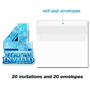 20 Ice Queen 4th Birthday Party Invitations with Envelopes Double Sided Winter Snowflake Shaped Fill-in Invitations Invites for 4 Year Old
