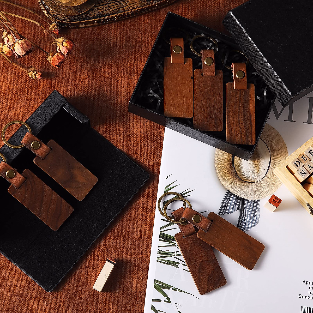 Kigeli 20 Packs Wooden Keychain Blanks Leather Wood Keychain Blank with Leather Strap Keyring for DIY Crafts Dad Mum(Classic Style)