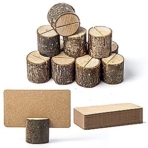Jofefe 12Pcs Mini Premium Wood Place Card Holders and 24Pcs Kraft Table Place Cards, Rustic Mini Table Number Holders, Table Sign Stand, Name Card Photo Picture Holders for Wedding, Party, Birthday.