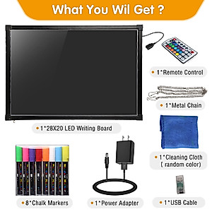 Slsy Illuminated LED Message Writing Board Erasable Neon Effect Menu Sign Board with 8 Fluorescent Makers, 12Colors Flashing Modes, Remote Control Message Board (28"X20")