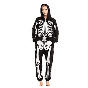 Spooktacular Creations Unisex Skeleton jumpsuit Pajama Plush Skeleton Jumpsuit Zippered Halloween Hoody Pajama for Adult Sleepwear Costume(Small) Black