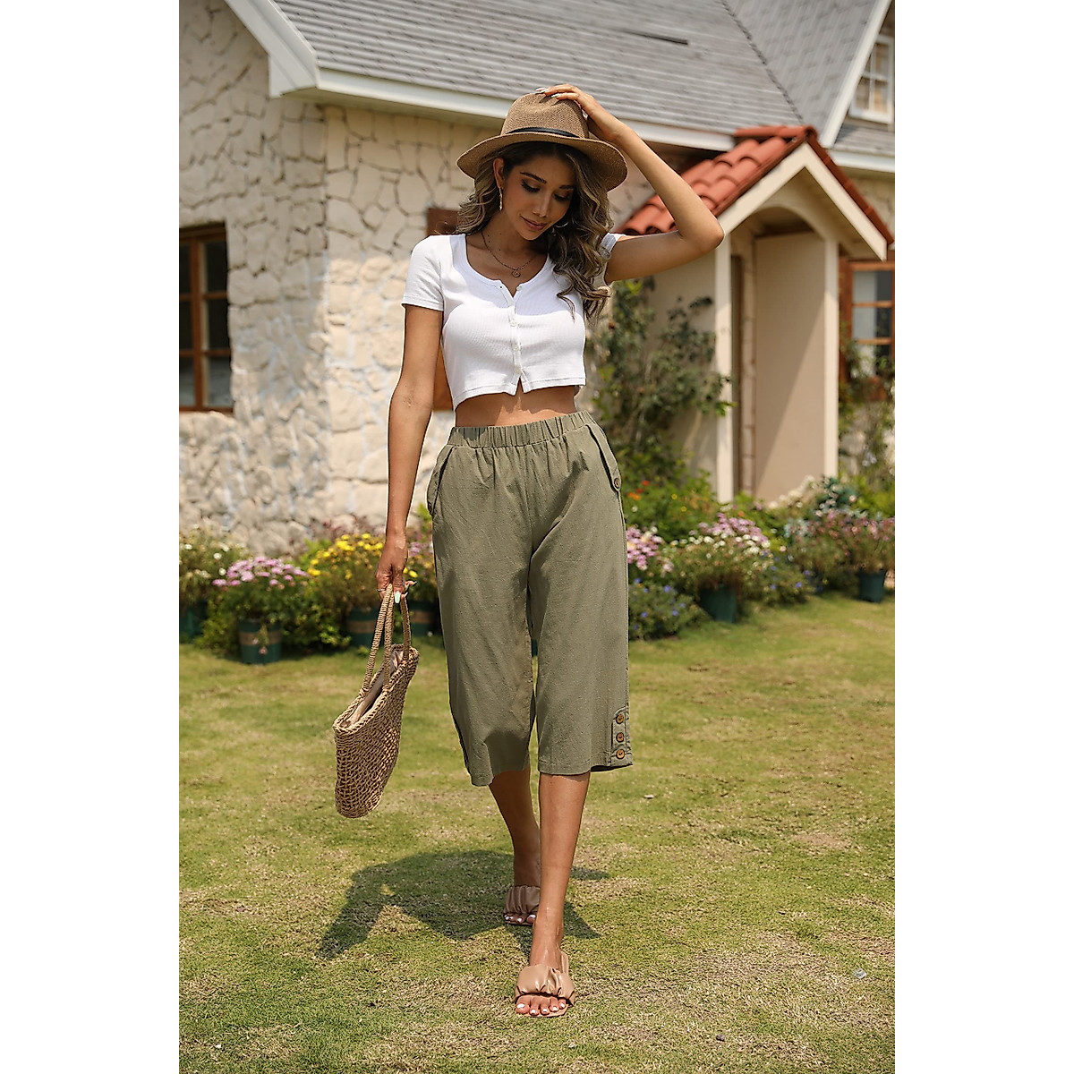 Veatzaer Elastic Waistband Pants Women Flowy Cropped Pants LightweightCrop PantswithPockets(Green,XL)