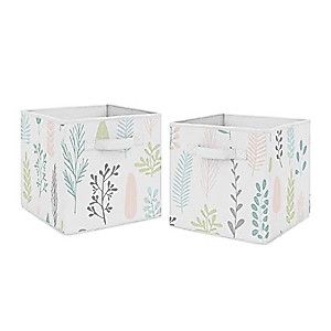 Sweet Jojo Designs Pink Tropical Leaf Foldable Fabric Storage Cube Bins Boxes Organizer Toys Kids Baby Childrens - Set of 2 - Blush Turquoise Grey Green Botanical Rainforest Jungle Sloth Collection