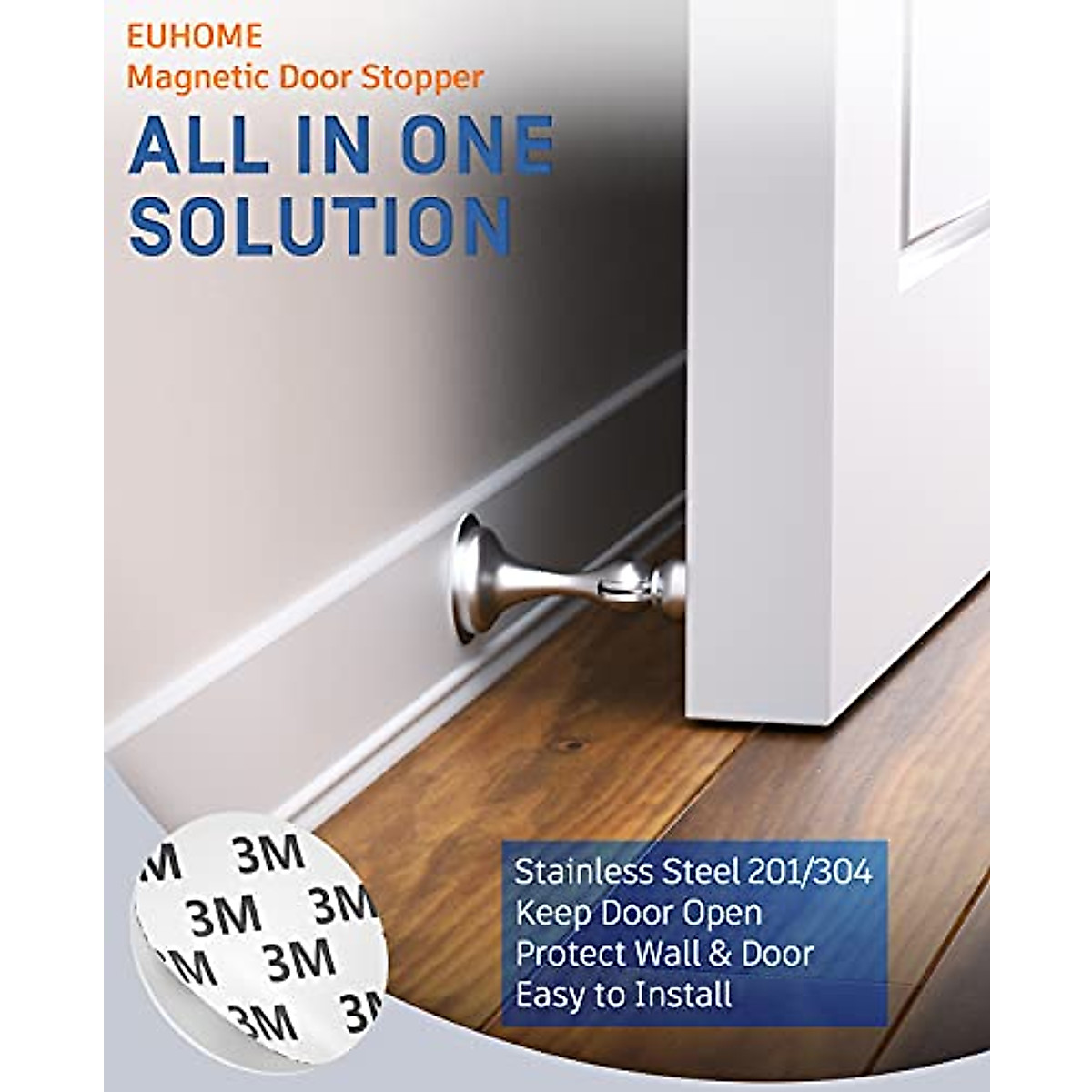 Door Stopper,Magnetic Door Stop,EUHOME 1 Pack Stainless Steel 201 Door Catch Holder,Magnetic Door Stopper,No Drill Doorstop with 3m Self Adhesive Tape,Screws for Wall & Floor Mount,Hold Door Open