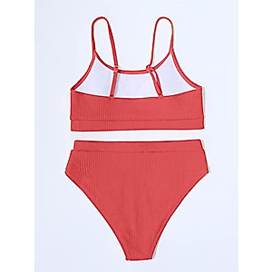 MakeMeChic Women's Ribbed High Waisted Bikini Sets Swimsuit Bathing Suit Watermelon Pink XL