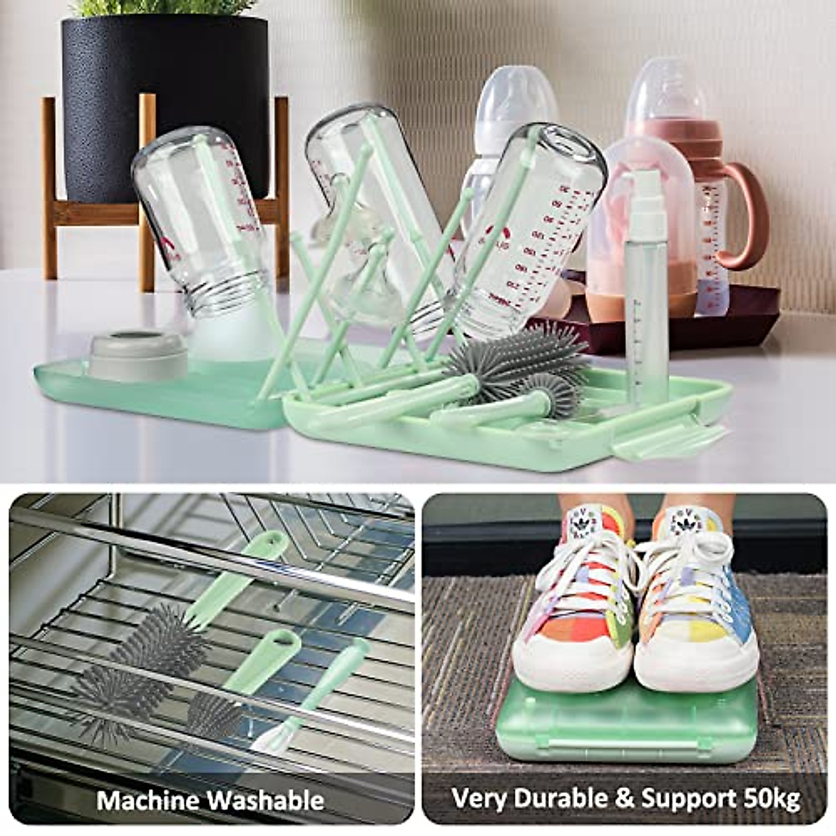 Hineriaeo Baby Bottle Drying Rack Kit, 7 in 1 Cleaner Set with Drying Rack,Silicone Bottle Brush,Straw Brush,Nipple Brush,Soap Dispenser,Spoon,Storage Box, Portable Baby Essentials for Home & Travel