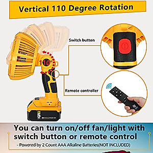 WaxPar For Dewalt Fan Cordless Jobsite Fan, USB Floor Fan Industrial fan with Light Compatible with Dewalt 14.4-20V Li-Ion Battery, Remote, 3 Wind/Brightness Modes, Timer