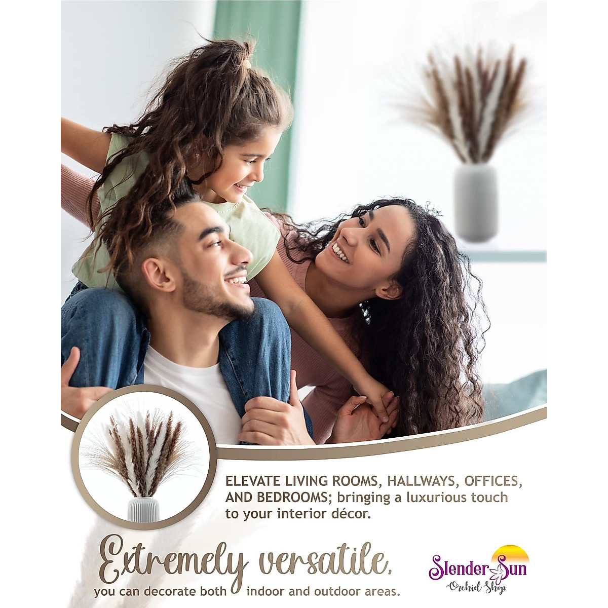 Spear SLENDERSUN Orchid Bouquet Dried Pampas Grass – Pack of 60 Pcs Tall Stems (17,7”) Soft & Fluffy Floral Bouquets Minimalist, Rustic, Luxury Home Garden Décor, White, Brown, Reed